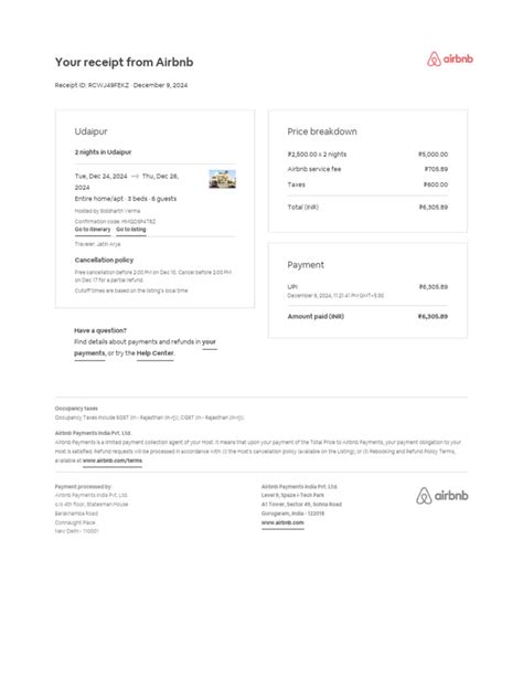 Airbnb Payment Receipt For Udaipur Stay Pdf Services Economics