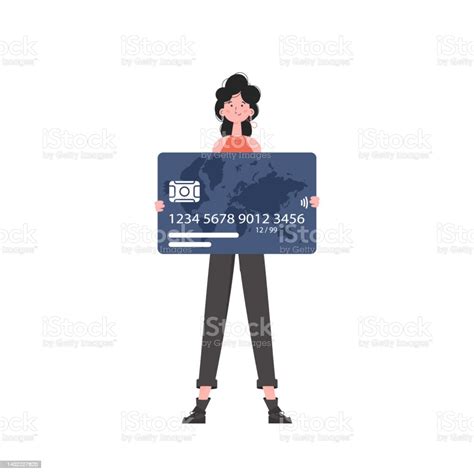 한 여성이 손에 플라스틱 카드를 들고 완전히 성장합니다 격리 플랫 스타일 프리젠 테이션 사이트를위한 요소 가득 찬에 대한 스톡 벡터 아트 및 기타 이미지 Istock