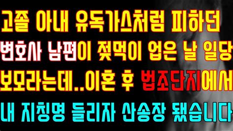 반전 실화사연 고졸 아내 유독가스처럼 피하던 변호사 남편이 젖먹이 업은 날 일당 보모라는데 이혼 후 법조단지에서 내 지칭명 들리자 산송장 됐습니다신청사연사연낭독