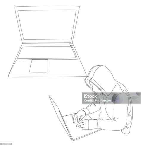 One Continuous Line Of Laptop With Hacker Thin Line Illustration Vector Concept Contour Drawing