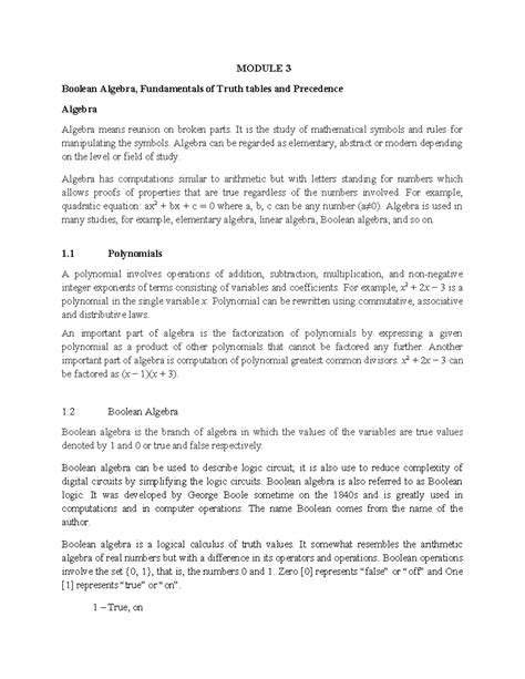 Module 3 Introduction To Computer Science Module 3 Boolean Algebra Fundamentals Of Truth