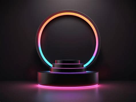 스포트라이트 22가 포함된 고상하고 사실적인 3d 검정색 실린더 받침대 연단 프리미엄 사진