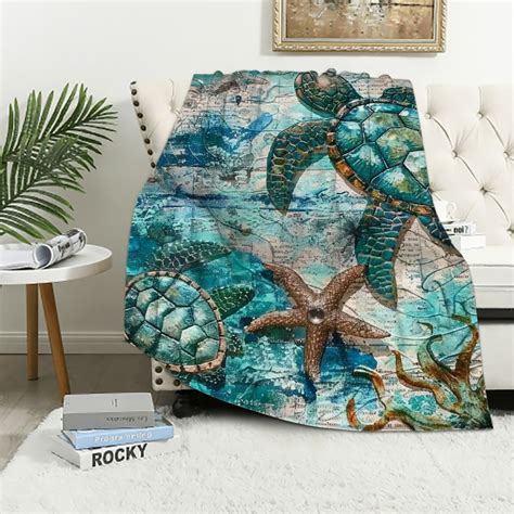 Nawypu Nautical Green Sea Turtles Beach Theme Throw Blanket Blue Ocean Decor Blanket For Couch