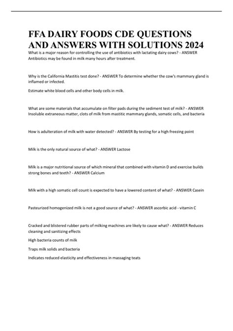 Ffa Dairy Foods Cde Questions And Answers With Solutions 2024 Cde Stuvia Us