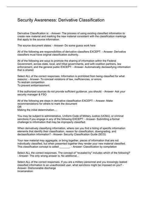 Security Awareness Derivative Classification Questions And Answers 100 Correct Derivative