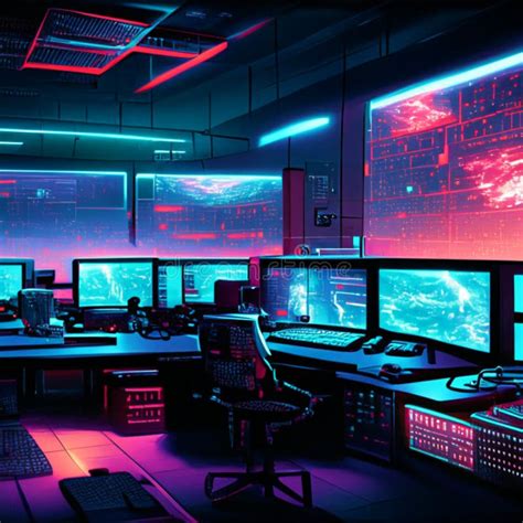 3d Render Of A Cyber Security Room With Computers And Monitors Generative Ai Stock Illustration