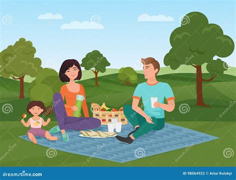 Счастливая молодая семья с ребенк на пикнике Папа мама и дочь отдыхают в природе иллюстрация