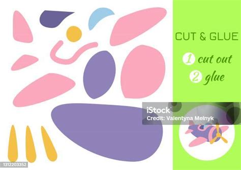 잘라 접착제 종이 만화 보라색 비행기 공예 활동 페이지를 잘라 내고 붙여 넣습니다 유치원 어린이를위한 교육 게임 Diy 워크 시트 아이 로직 게임 활동 퍼즐 벡터 스톡