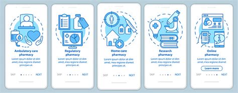 선형 개념으로 모바일 앱 페이지 화면 온보딩 외래 및 홈 케어 약국 약물 연구 5개의 연습 단계 그래픽 지침 Ux Ui 그림이