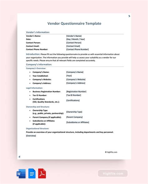 Vendor Questionnaire Template For Supplier Assessment