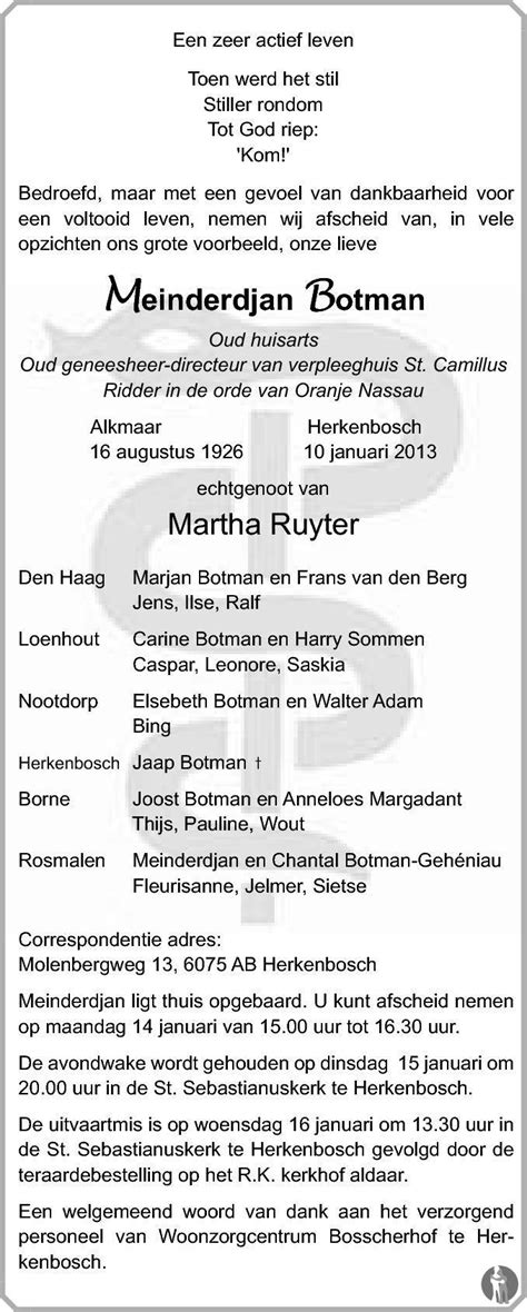 Meinderdjan Botman 10 01 2013 Overlijdensbericht En Condoleances