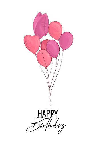 핑크 풍선 해피 생일 인사말 카드입니다 벡터 일러스트입니다 생일 파티 인쇄 술 템플릿 축 하 디자인 패션 밑그림 생일에 대한 스톡 벡터 아트 및 기타 이미지 Istock