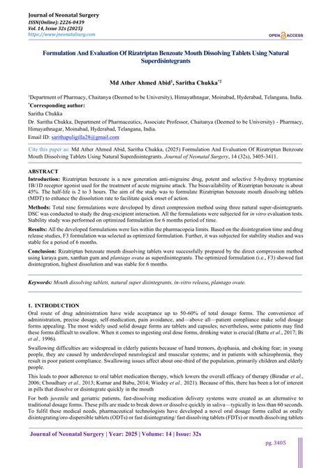 Pdf Formulation And Evaluation Of Rizatriptan Benzoate Mouth