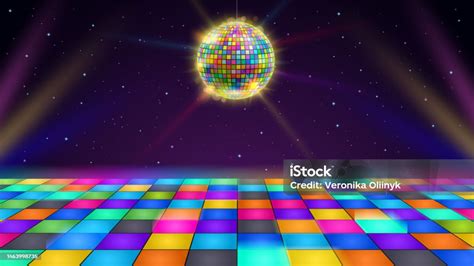 디스코 댄스 플로어 Led 사각형 그리드 빛나는 바닥 디스코 공 별이 빛나는 밤하늘 벡터 배경 그림이 있는 복고풍 파티 장면 디스코 춤에 대한 스톡 벡터 아트 및 기타