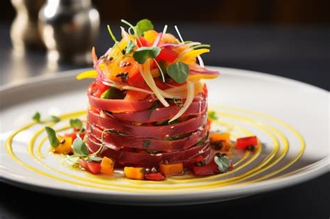 Premium Photo Aesthetic Tuna Tartare Plating With Colorful Bell Pepper Strips
