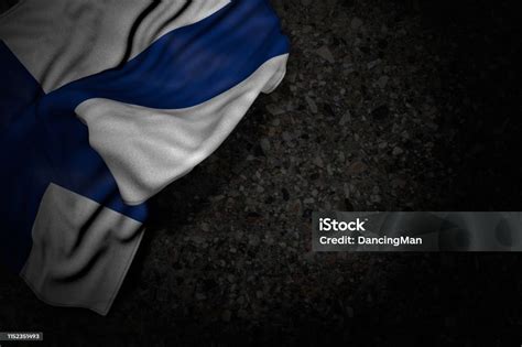 좋은 노동의 날 깃발 3d 그림 텍스트에 대 한 빈 장소와 어두운 아스팔트에 큰 접힌 핀란드 국기의 어두운 이미지 3차원 형태에 대한 스톡 사진 및 기타 이미지 Istock