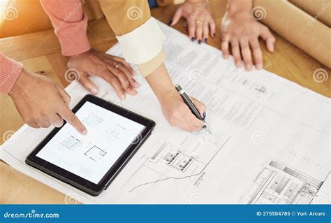Tablet Architecture And Hands Of People On Blueprint For Planning Meeting And Engineering