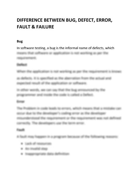 Solution Difference Between Bug Defect Error Fault Failure Studypool