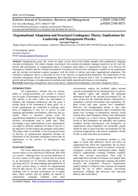 Pdf Organisational Adaptation And Structural Contingency Theory
