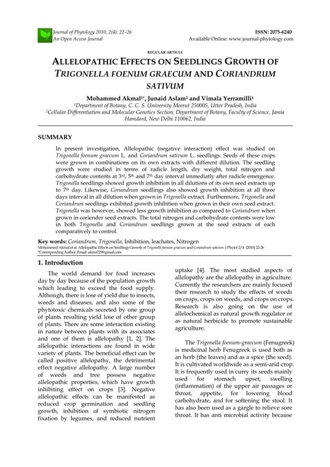 Pdf Allelopathic Interaction Of Spinach Spinacia Oleracea L With