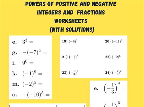 Powers Of Positive And Negative Integers And Fractions Worksheets With