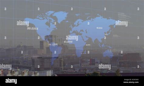 Displaying World Map Overlay Spanning City Skyline With Grid Lines
