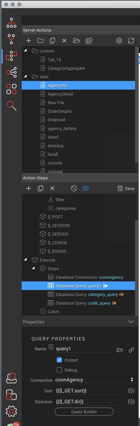 can t find query1 in server actions for editing wappler general