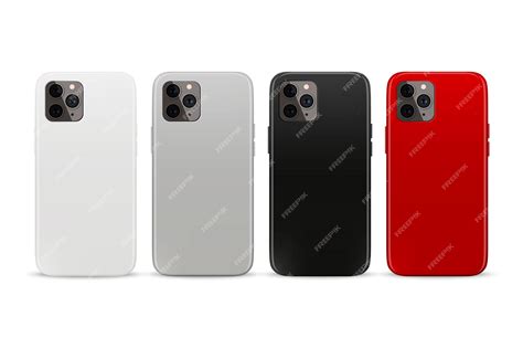 벡터 3d 현실적인 흰색 회색 검정 빨강 빈 전화 케이스 디자인 서식 파일 백 커버 스마트폰 세트에 대 한 흰색 배경 이랑 전면 보기에 고립 프리미엄 벡터