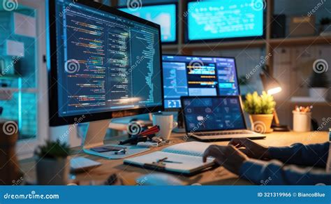Software Developer Working On Code In Dual Monitor Setup Aig41 Stock