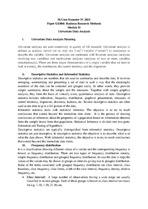 Univariate Data Analysis 2021 1 M Semester Iv 2021 Paper Ge404