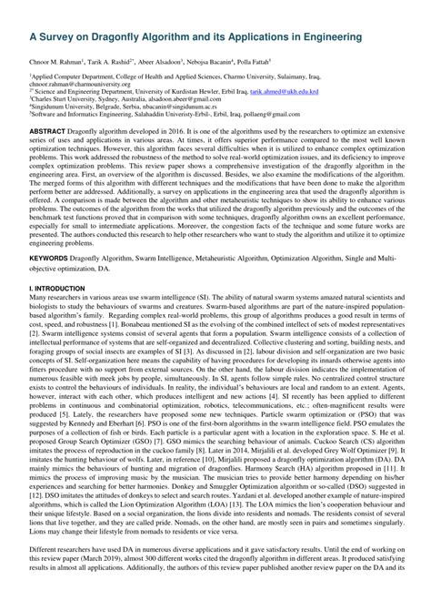 Pdf A Survey On Dragonfly Algorithm And Its Applications In Engineering