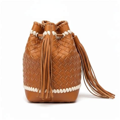 Chic Tan Woven Tassel Bucket Bag Womens Crossbody