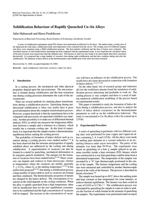 Pdf Solidification Behaviour Of Rapidly Quenched Cundashsn Alloys