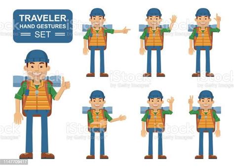 다른 손 제스처를 보여주는 여행자 캐릭터의 집합입니다 제스처를 엄지손가락을 보여주는 쾌활 한 등산객이 방법 흔들며 인사말 승리 기호를 가리키는 감정에 대한 스톡 벡터 아트