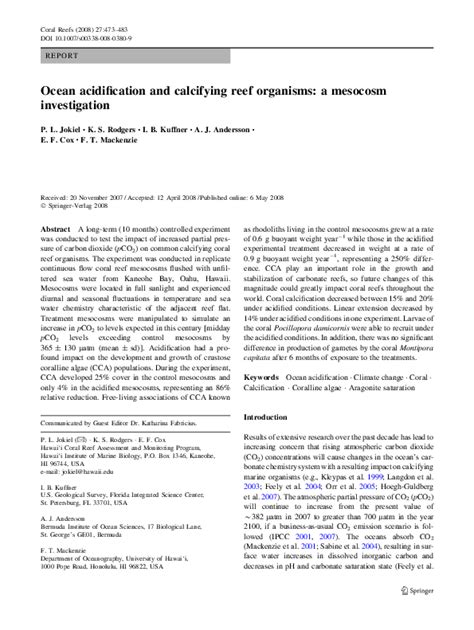 Pdf Ocean Acidification And Calcifying Reef Organisms A Mesocosm Investigation