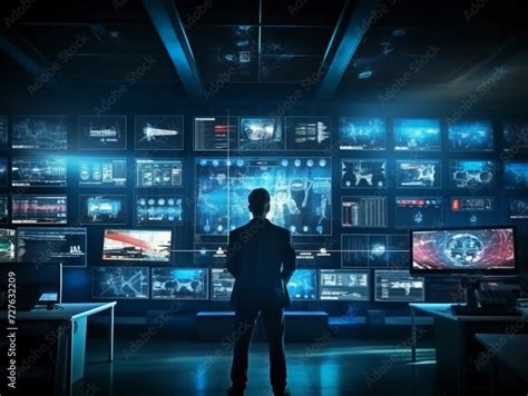 Wide Banner Of Security Cctv Cameras And Guard Monitoring Screen Hud Ui For Advanced