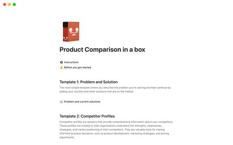 product comparison in a box notion template
