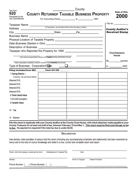 Tax Form 920 County Returnof Taxable Business Property 2000