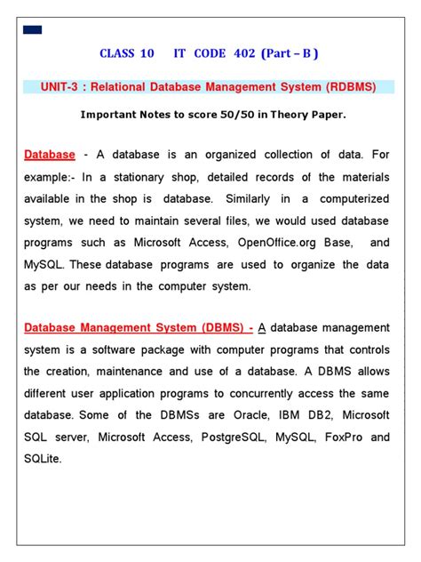Rdbms Final Notes For Board Exam Pdf Relational Database Databases