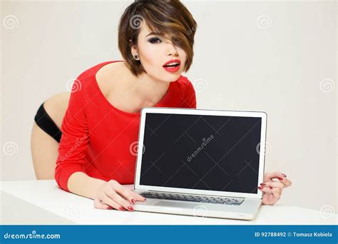 Women In Red Lips With Silver Laptop Stock Photo Image Of Sweater Empty