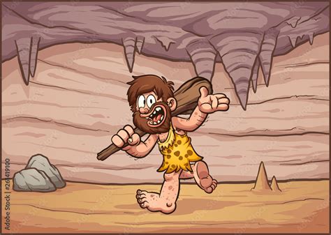 Cartoon Caveman Walking In A Cave Interior Background Clip Art Vector