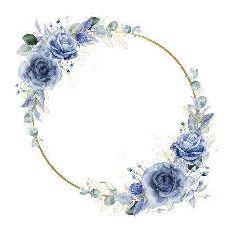 Watercolor Dusty Blue Floral And Gold Frame Blue Flowers Wreath Png