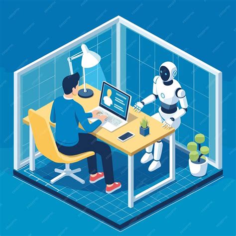 Isometric Illustration Of Robot Assistant And Man Working On Laptop Premium Ai Generated Vector