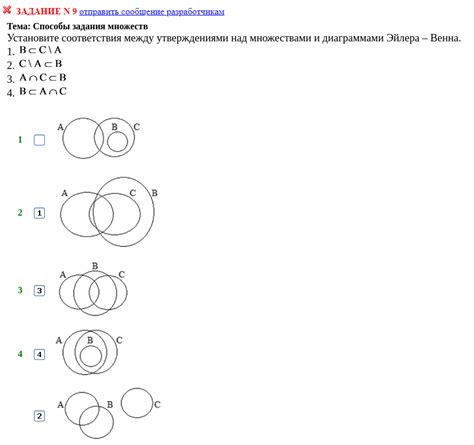 Установите соответствия между утверждениями над множествами и диаграммами Эйлера — Венна — Ответики