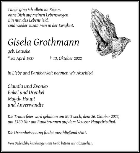 Alle Traueranzeigen Für Gisela Grothmann Trauer Rp Online De