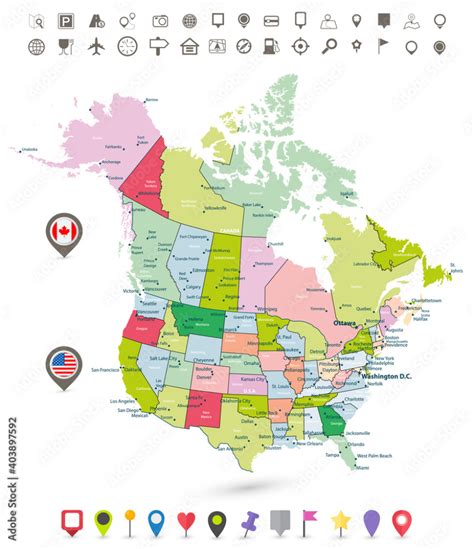 Stock Vektorgrafik „usa And Canada Detailed Political Map With