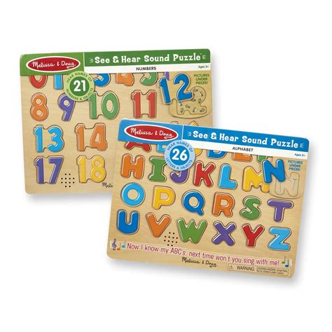 Melissa And Doug Sound Puzzles Set Numbers And Alphabet Wooden Peg Puzzles Abc Sounds Puzzle