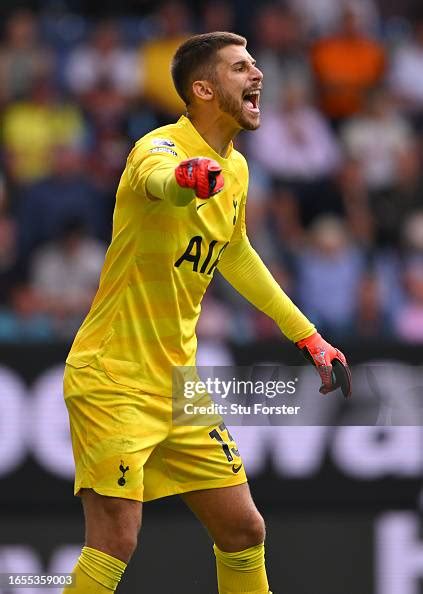Spurs Goalkeeper Guglielmo Vicario Reacts During The Premier League
