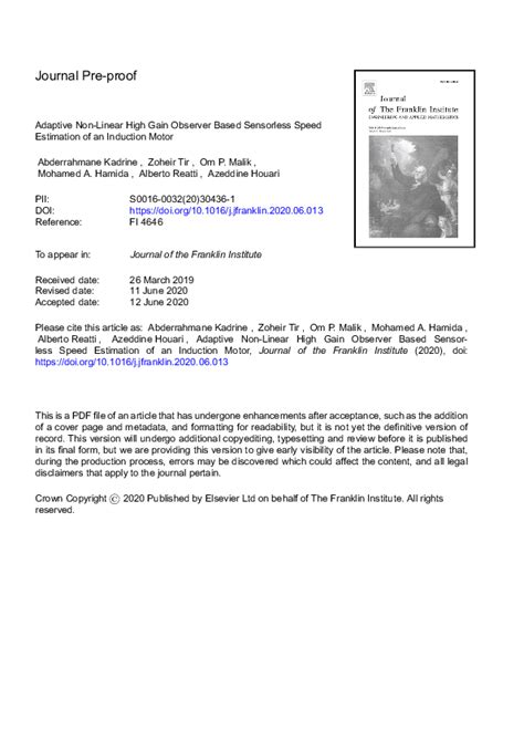 Pdf Adaptive Non Linear High Gain Observer Based Sensorless Speed