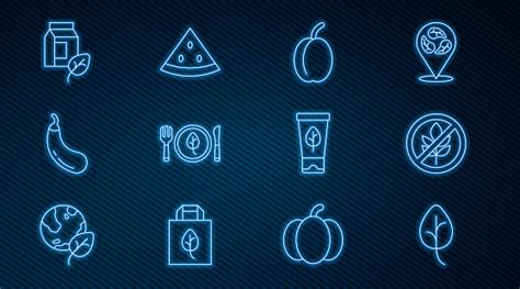 세트 라인 잎 또는 잎 글루텐 프리 곡물 매실 과일 비건 음식 다이어트 가지 우유 유기농 화장품 및 수박 아이콘 벡터 0명에 대한 스톡 벡터 아트 및 기타 이미지 Istock